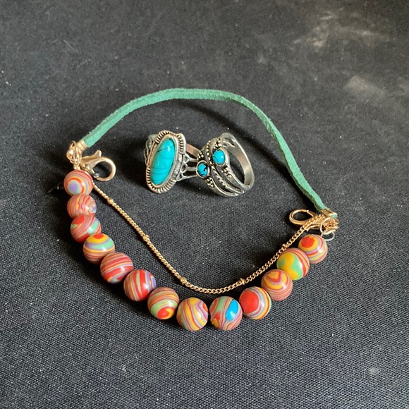 Jewelry | Colorful Green And Gold Chain Bracelet Two Blue Howlite Rings ...